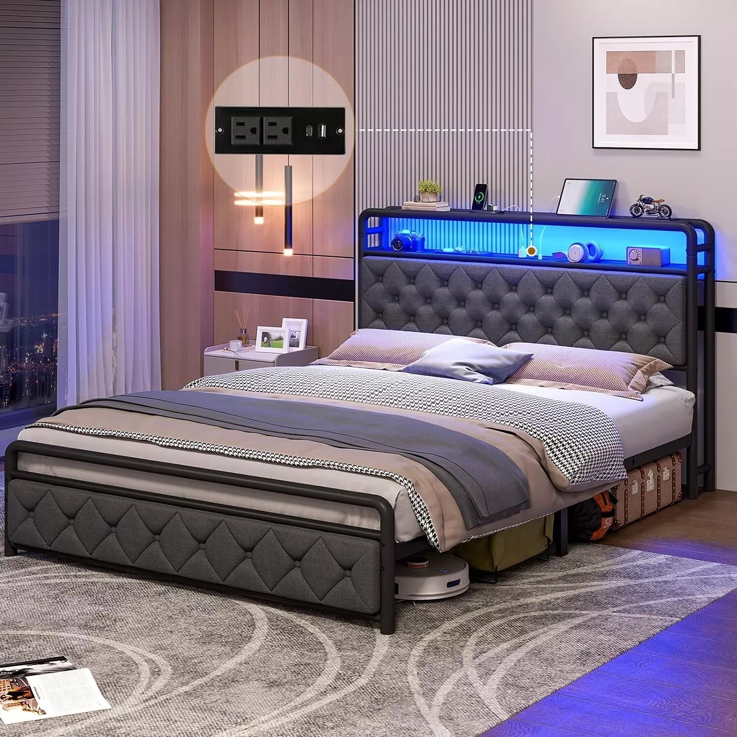 Queen Bed Frame with LED Lights Platform Bed Queen Size 2 Tier Storage Shelf Beds