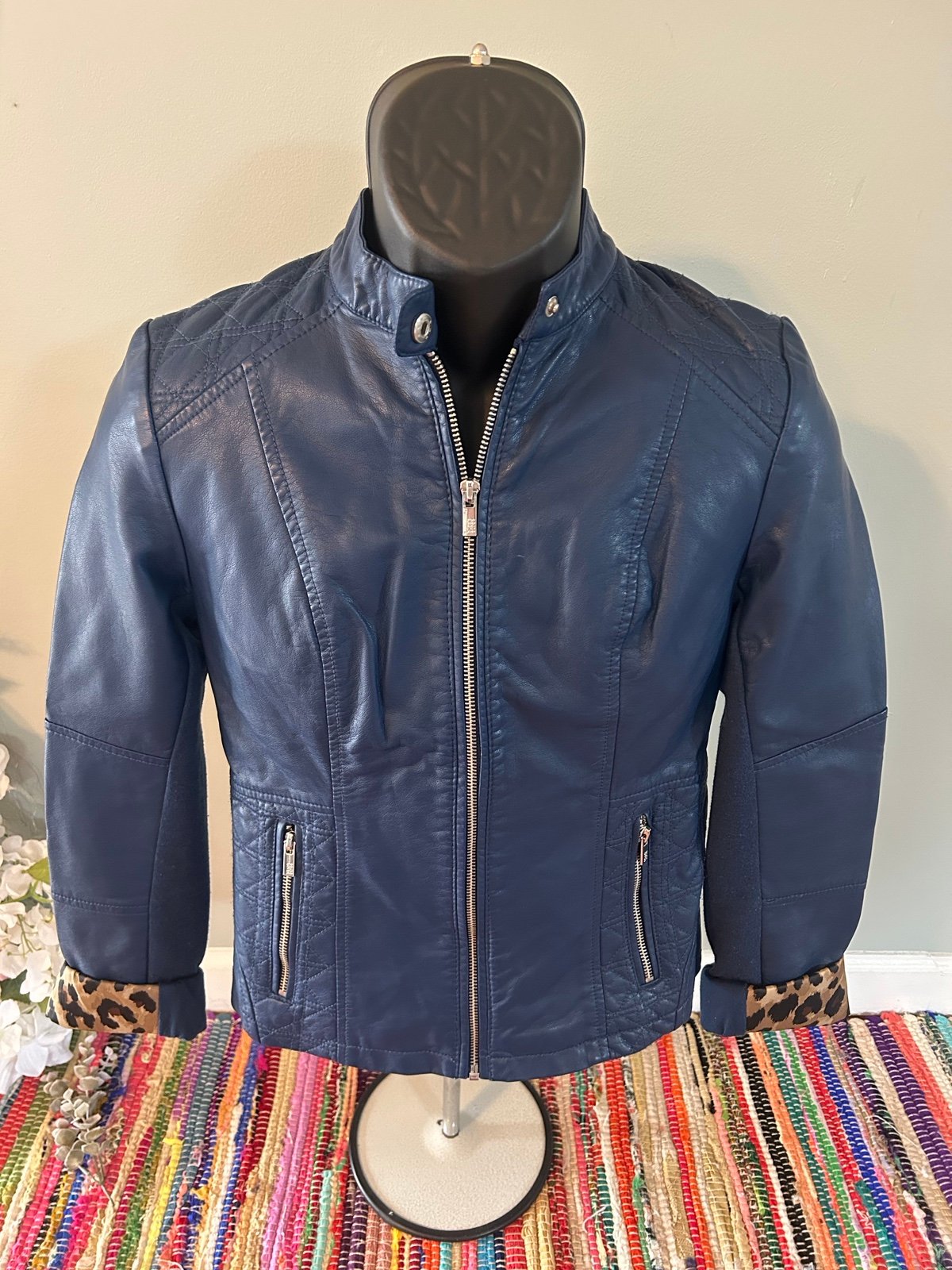 Black rivet blue leather moto jacket store