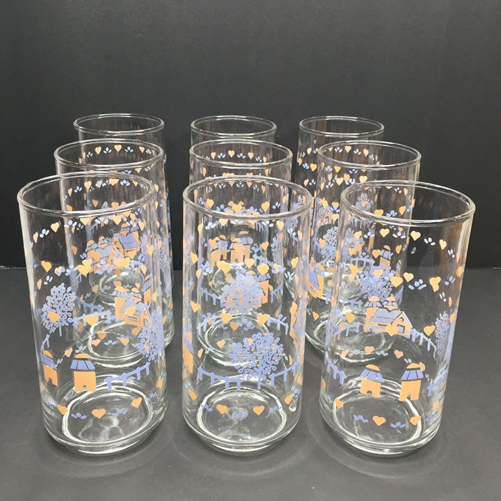 Vintage Set of 9 Glass Cup Drinking Glasses Country House Heart Tree Pink Purple Glass