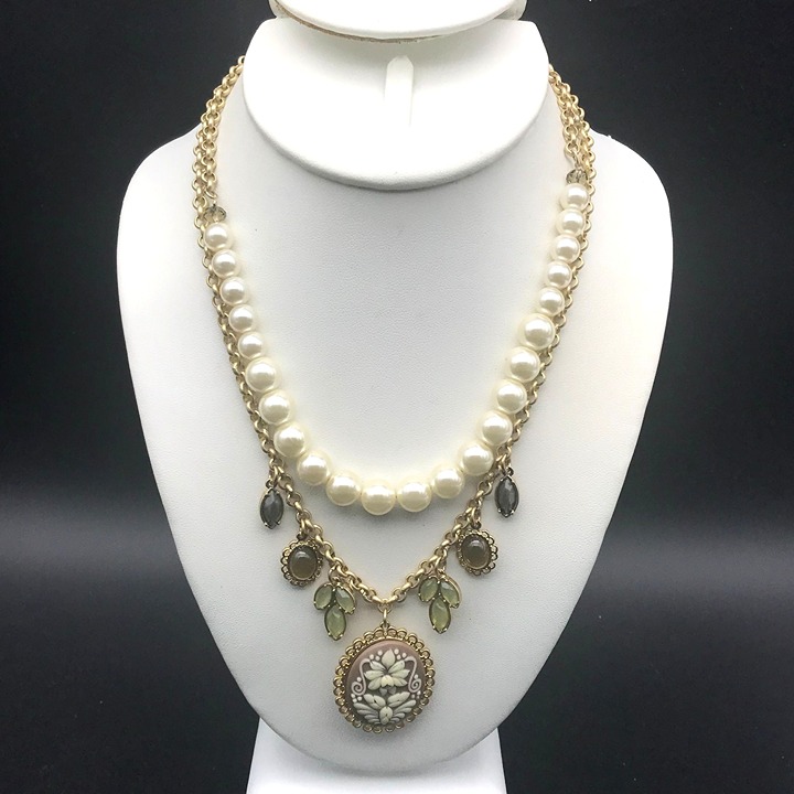 Lia Sophia Double Strand Necklace Pearl and Cameo Duo to Wear Together or Alone Necklace