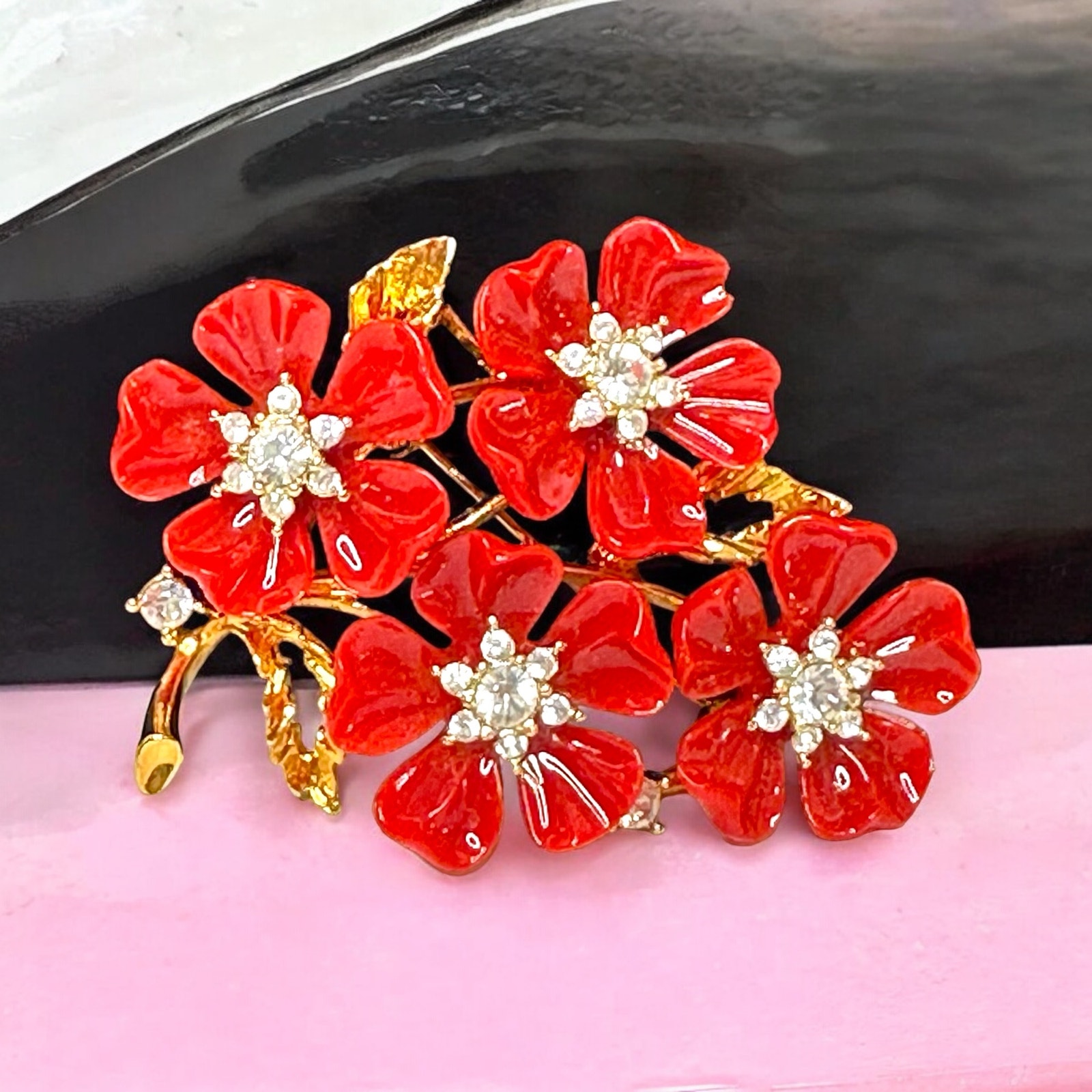 Nolan Miller Brooch Red Lucite Orange Blossom with Rhinestone Flower Pin Large Brooch