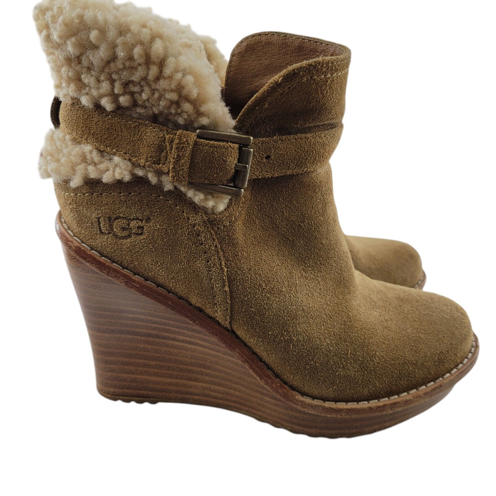 UGG Wedge Ankle Boots Womens 6 Anais Tan Suede Shearling 4 Wood Heel Bootie Shoes
