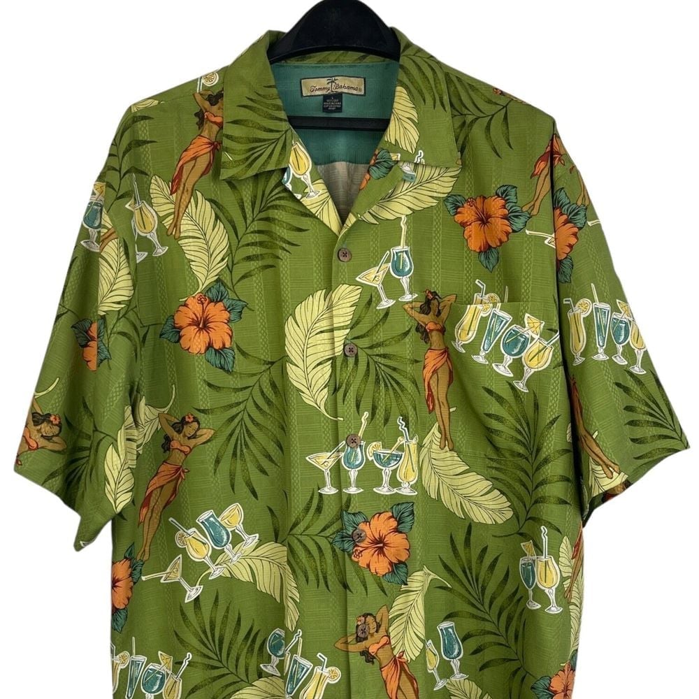 Tommy Bahama Mens L 100 Silk HULA GIRL Aloha Hawaiian Green Floral Shirt Read Hawaiian