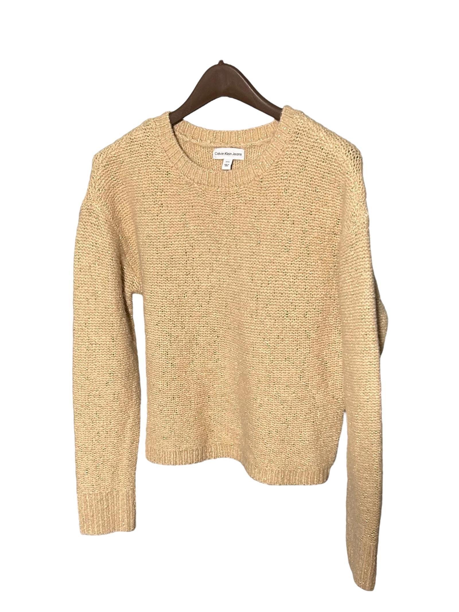 Calvin Klein Womens S P Knit Crewneck Pullover Beige Sweater Metallic Gold Crewneck