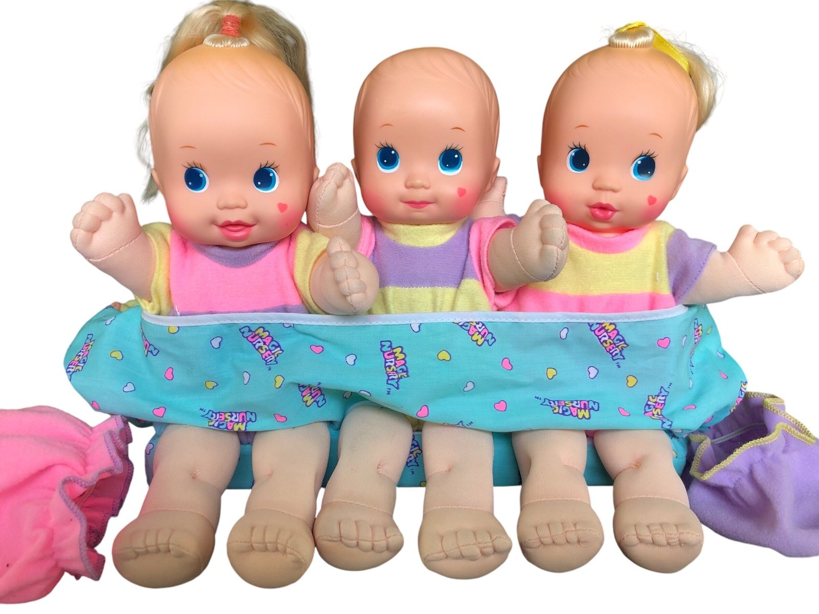 Vintage 90 s Mattel Magic Nursery Fuss N Giggle Triplets Baby Dolls Carrier Baby Dolls