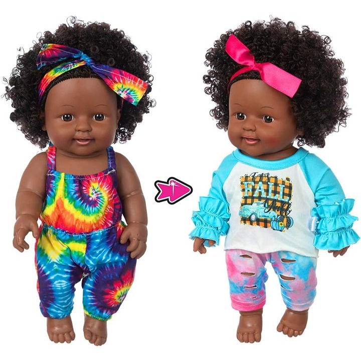 12 American Black Washable Silicone Baby Girl Doll with 2 Sets Doll Clothes 1PC