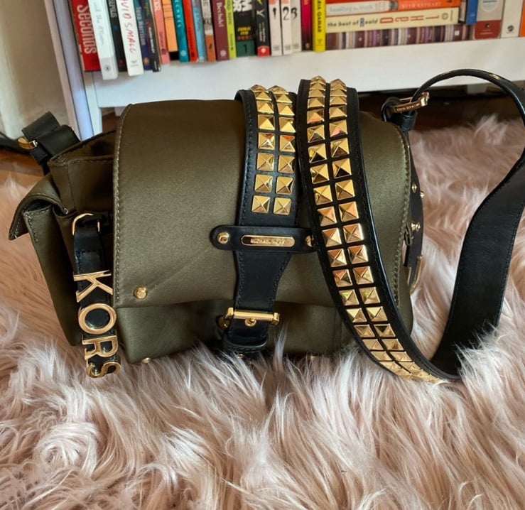 Michael Kors Olive Green Fabric Bag with Gold Tone Studs Crossbody Bags