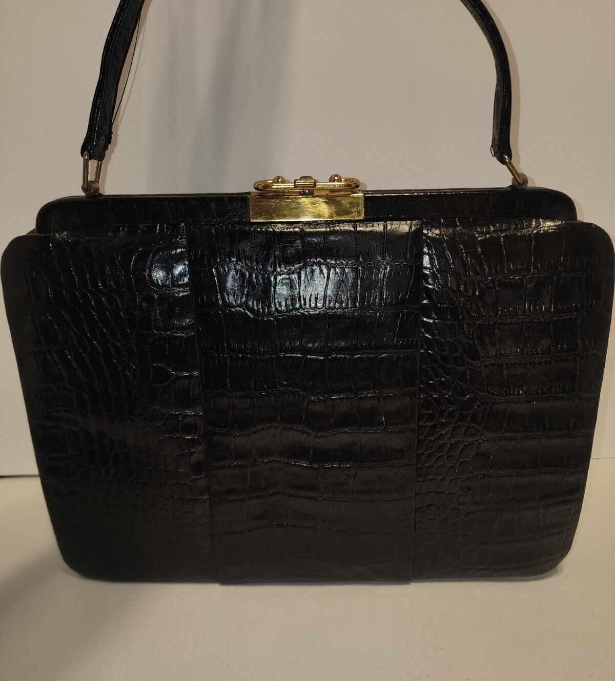 Vintage Gold Line Alligator Purse Bag Handbag Made In Mexico Black