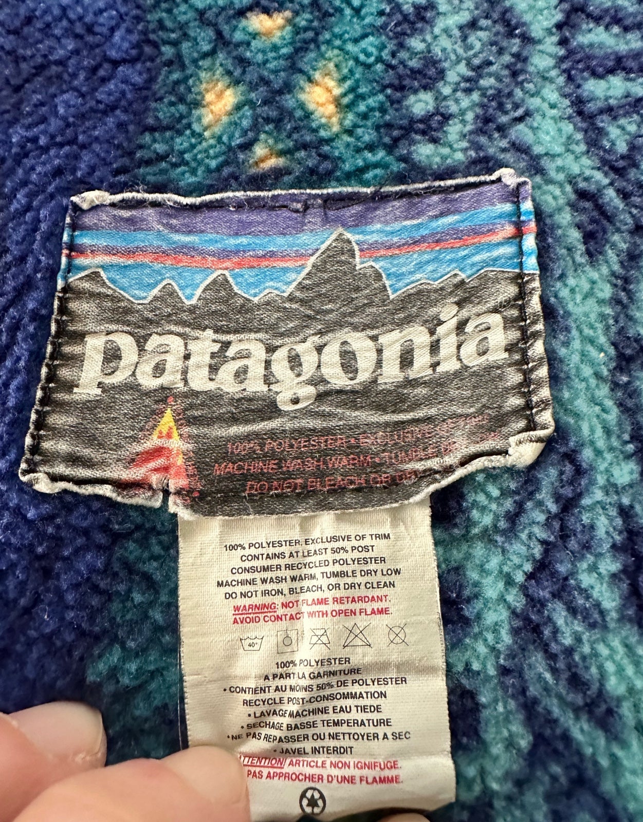 Patagonia Throw 90s Synchilla Fleece Blanket Purple Blue Green Print Throws